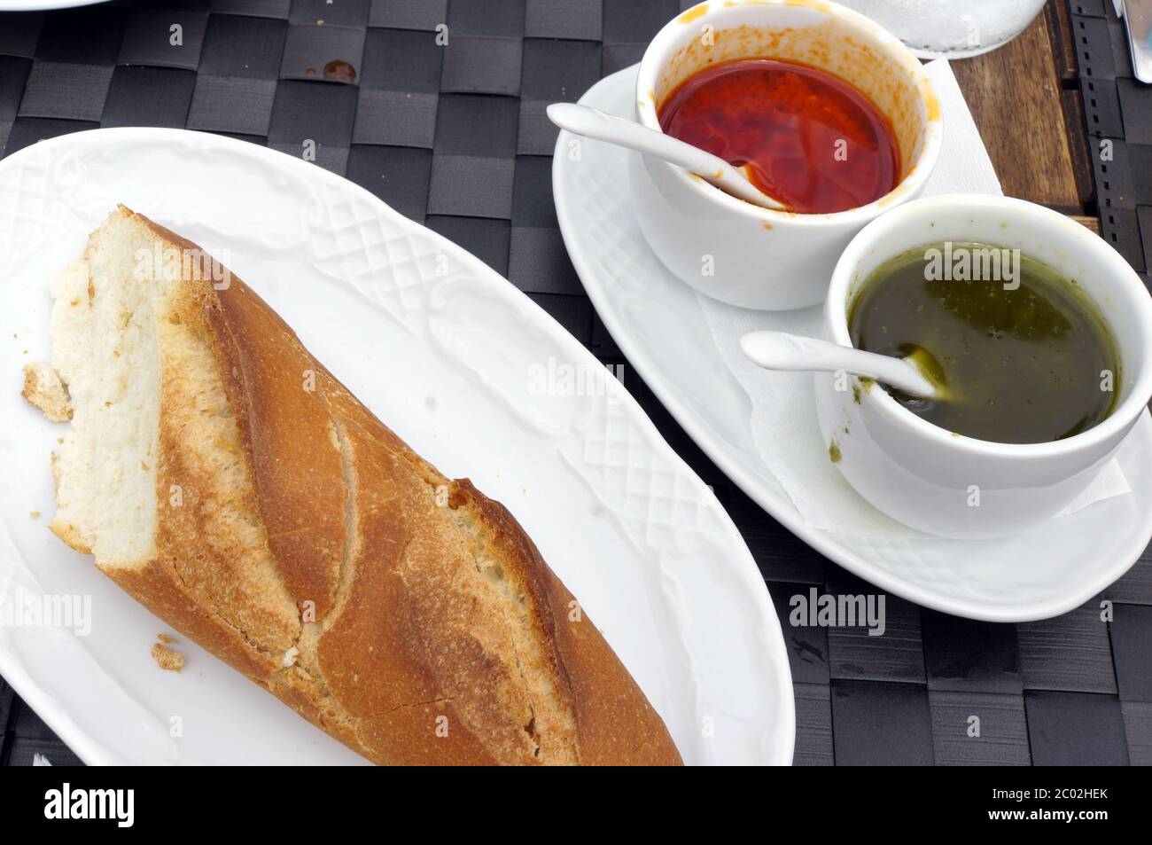 Mojo rocha and Mocho verde with French bread Stock Photo - Alamy