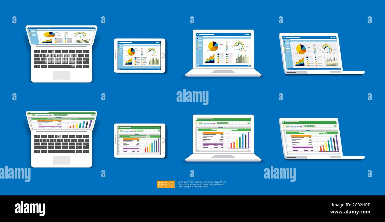 Web statistics analytic charts on laptop screen icon set. Flat vector ...