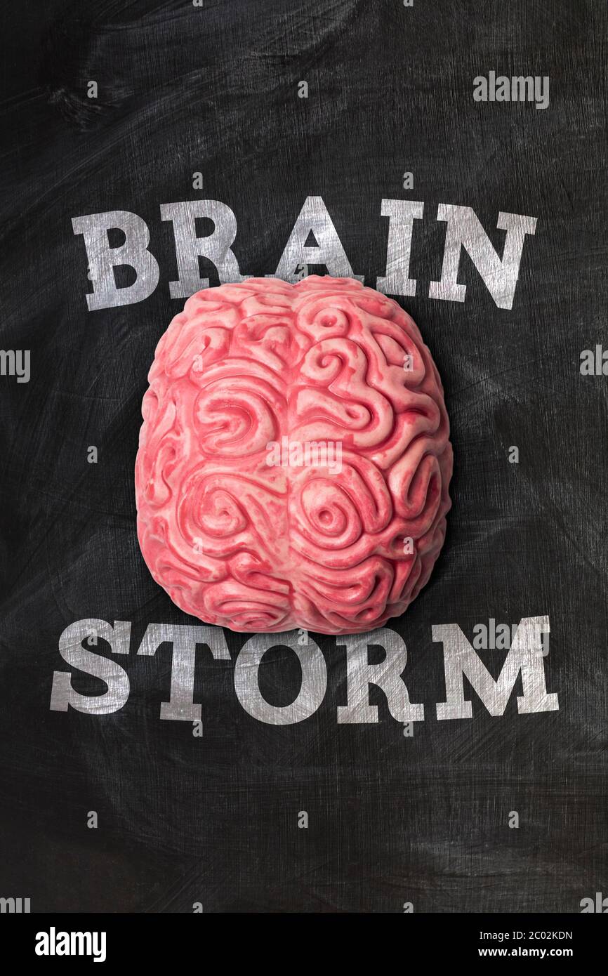human brain with brain storm message on a blackboard Stock Photo - Alamy