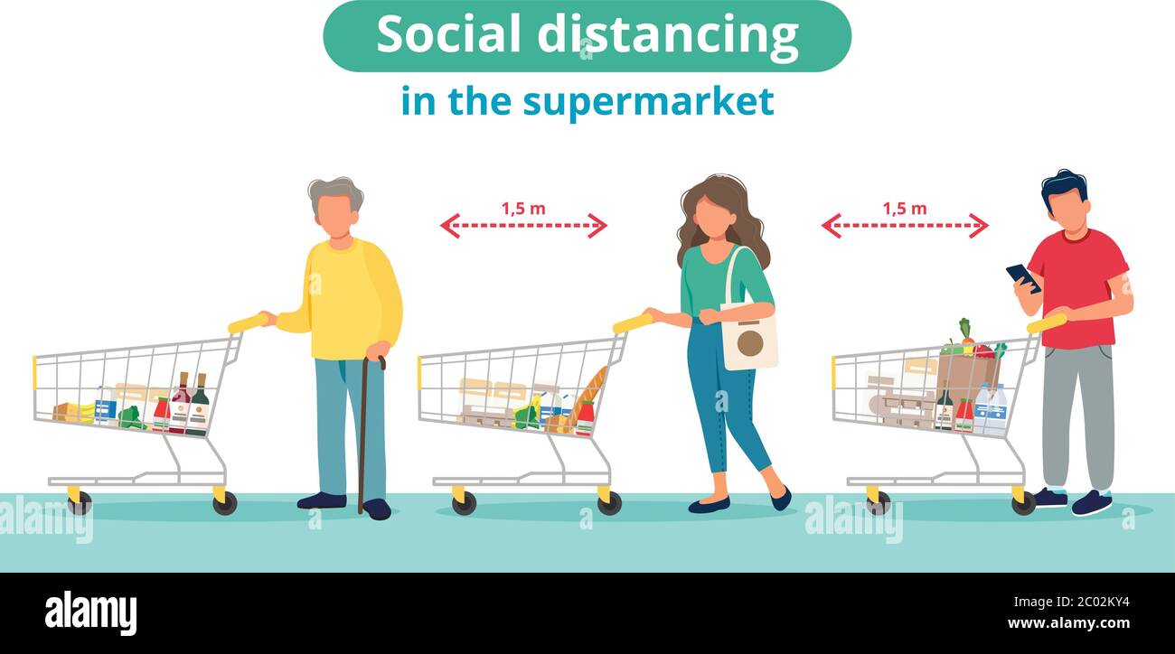 Social distance in supermarket, people in line with shopping carts ...