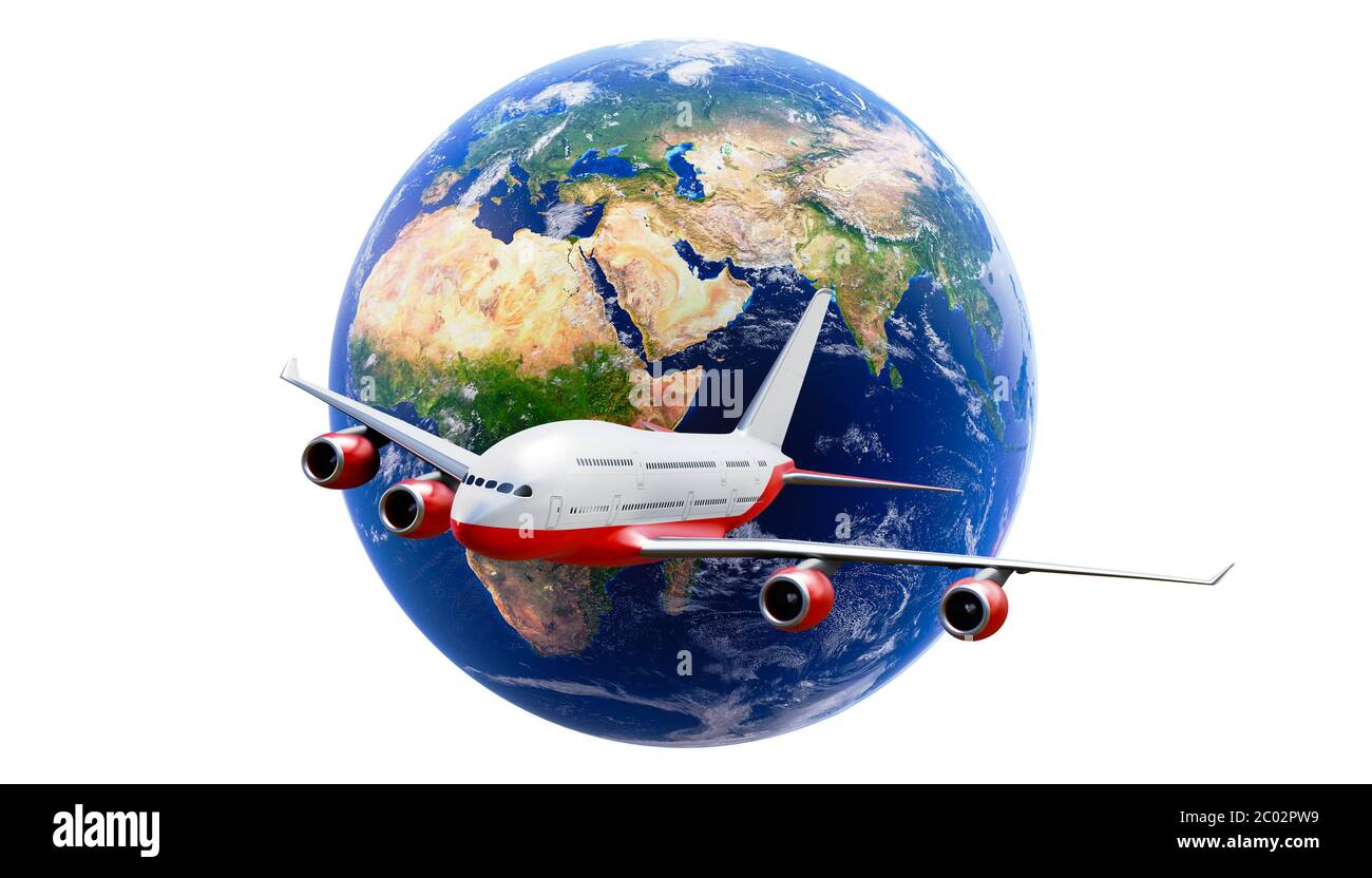 Airplane or airliner with Earth planet isolated on white background 3D ...
