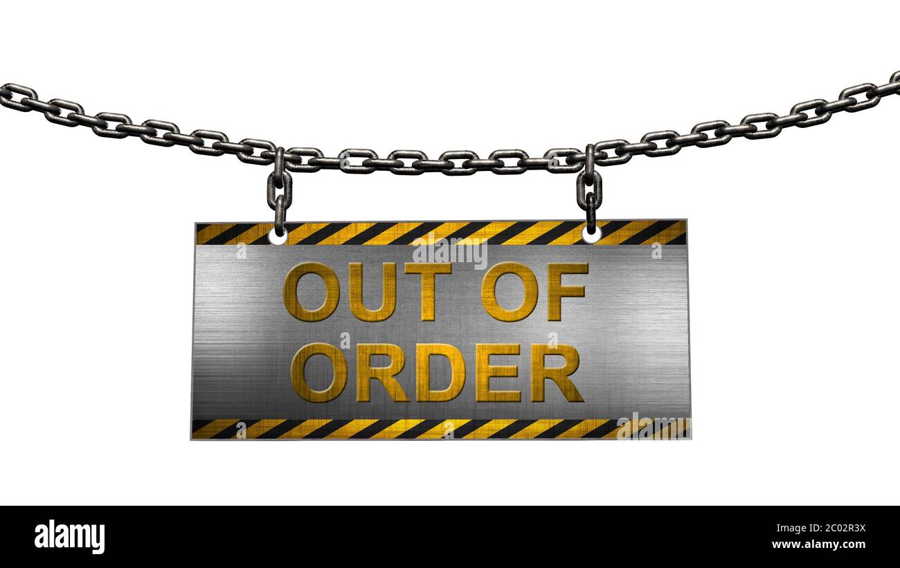 Lettering - out of order - on metal tag hanging from an iron chain with ...