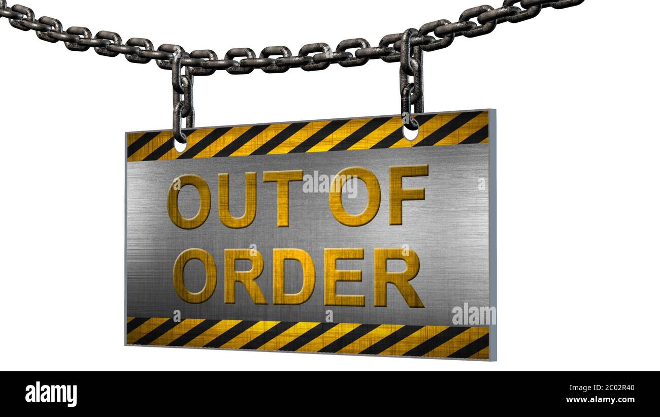 Lettering - out of order - on metal tag hanging from an iron chain with ...