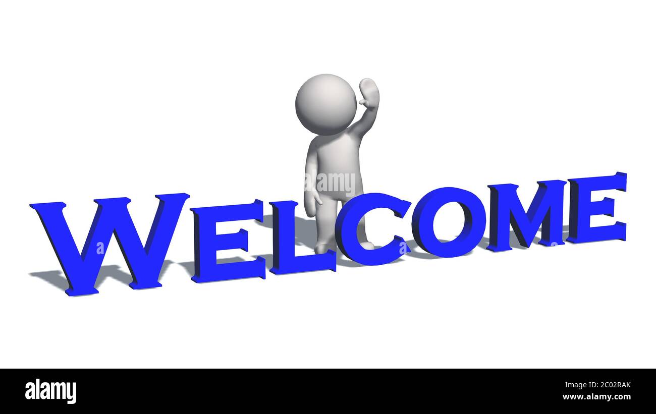 Welcome - 3D text in blue and 3D people - isolated on white background ...