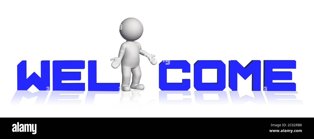 Welcome - 3D text in blue and 3D people - isolated on white background ...