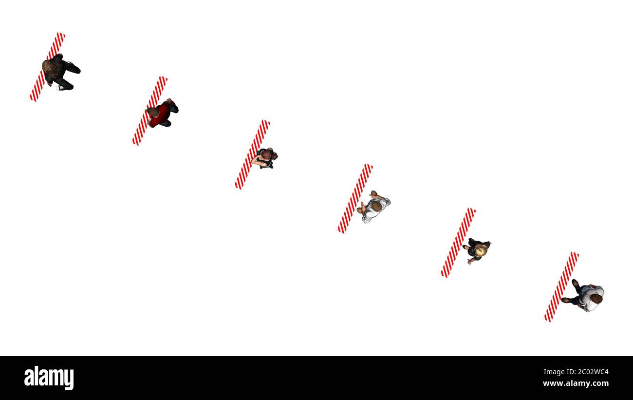 keep distance - people wait in a row with distance by a mark - top view ...