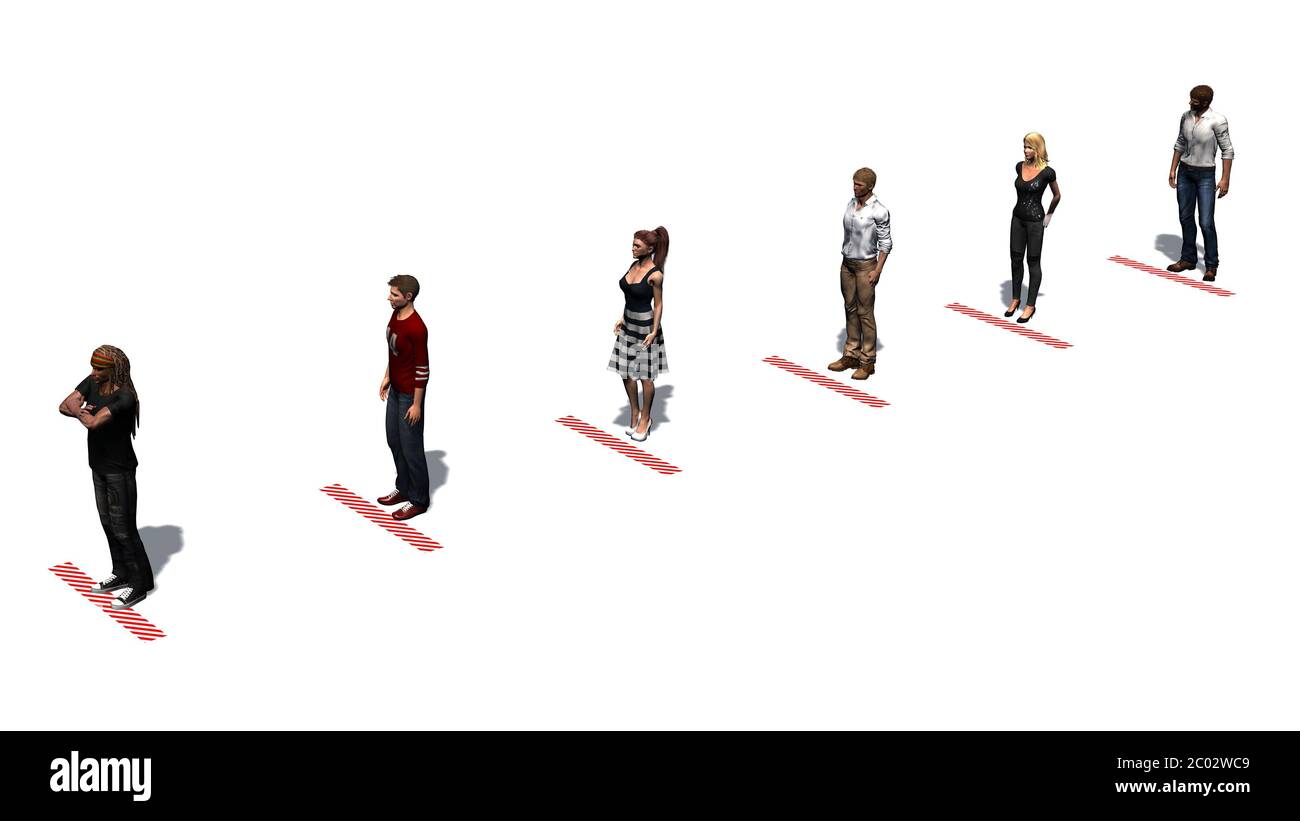 keep distance - people wait in a row with distance by a mark - isolated ...