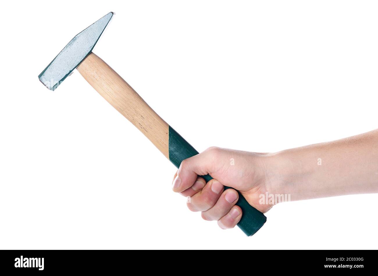 Hammer in a man's hand isolated Stock Photo - Alamy