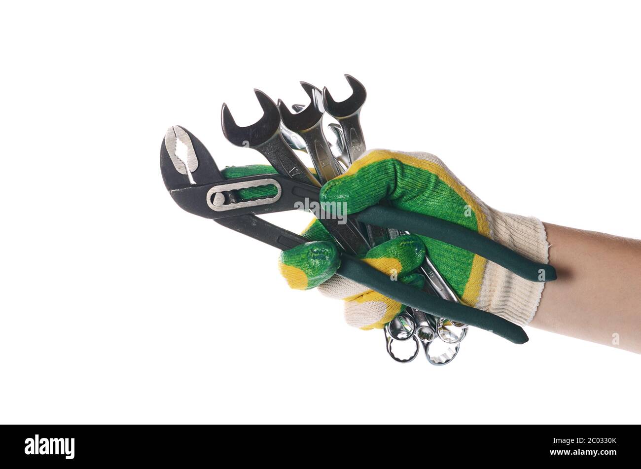 Wrench in man's hand isolated Stock Photo - Alamy