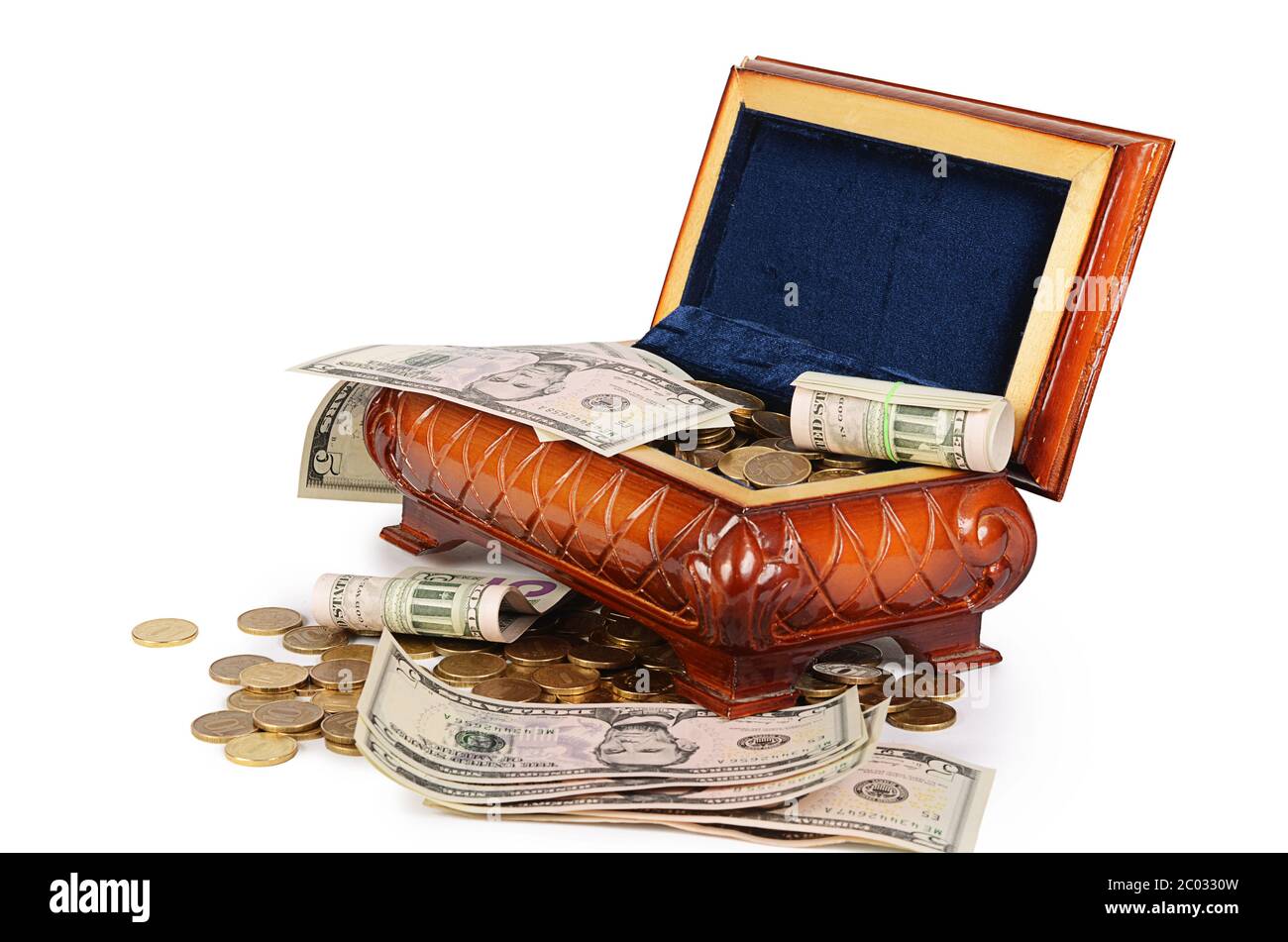 Coins and banknotes in the box Stock Photo - Alamy