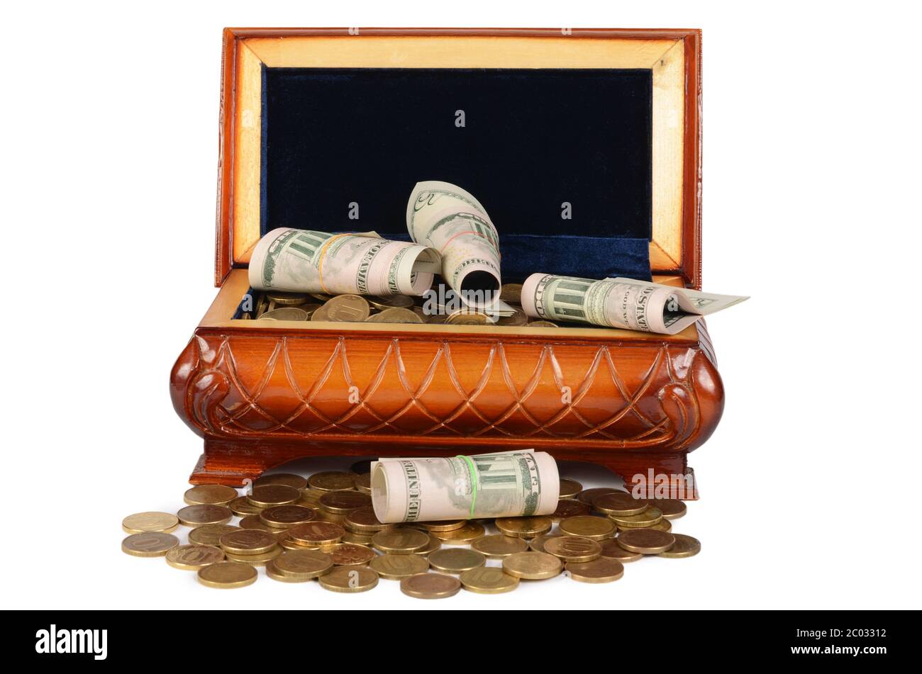 Coins and banknotes in the box Stock Photo - Alamy