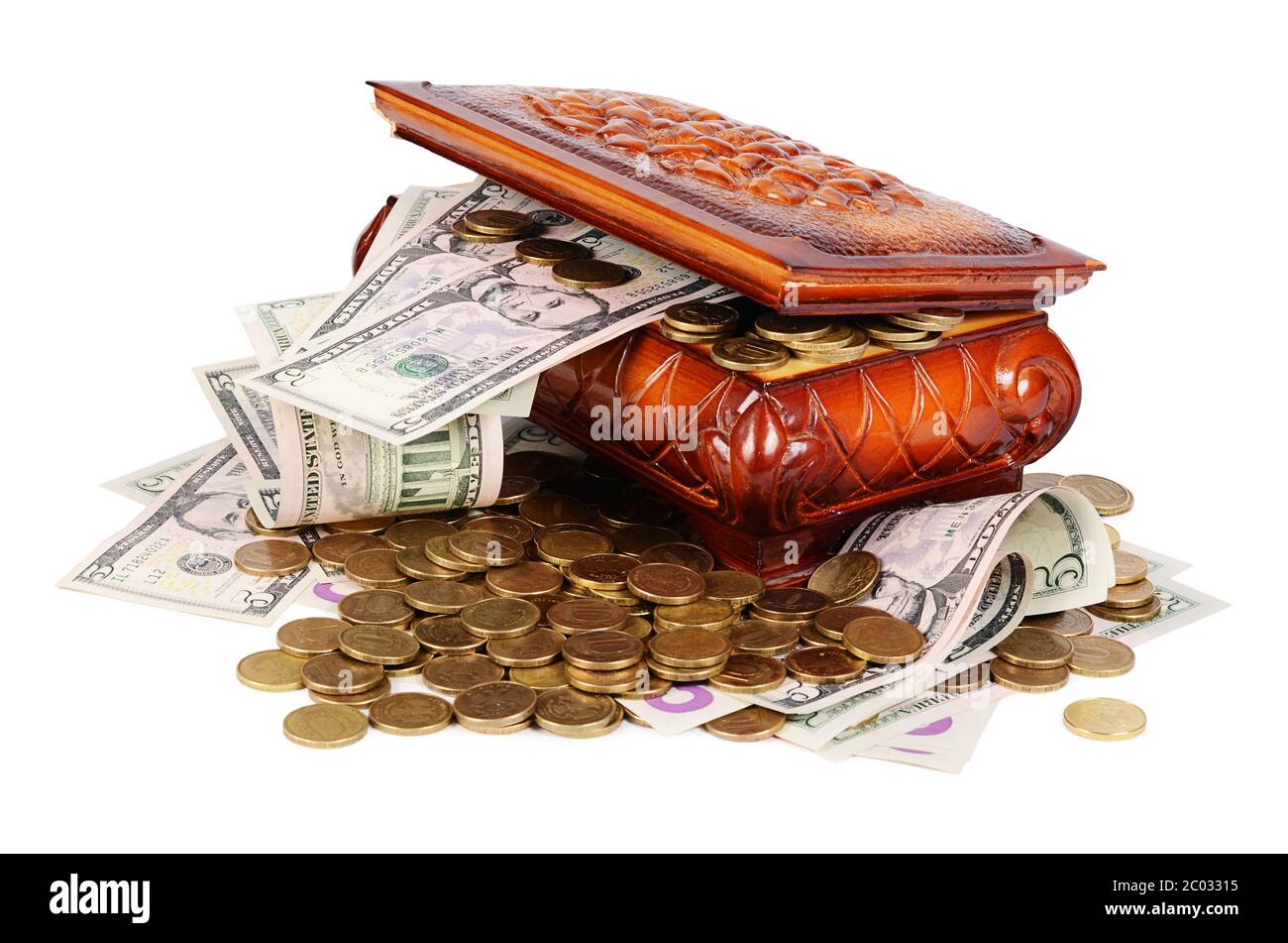 Coins and banknotes in the box Stock Photo - Alamy