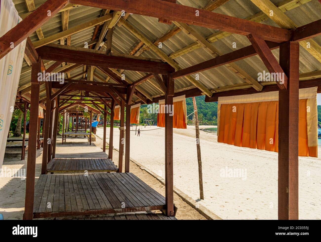 Redang Islands, Malaysia; May-2019; wooden shade in the white sand ...