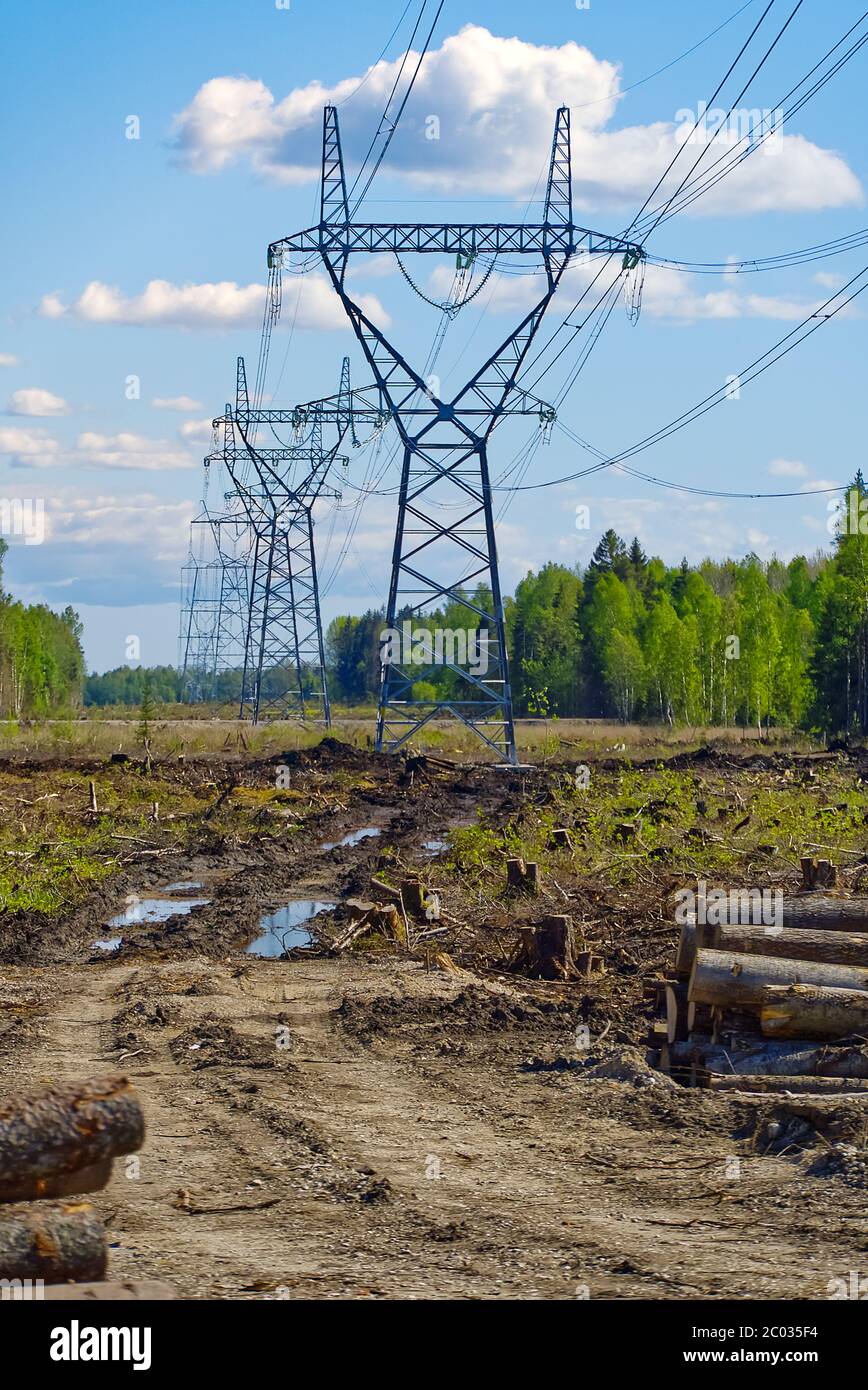construction of new high voltage lines in forest. Estonia. new mast of ...