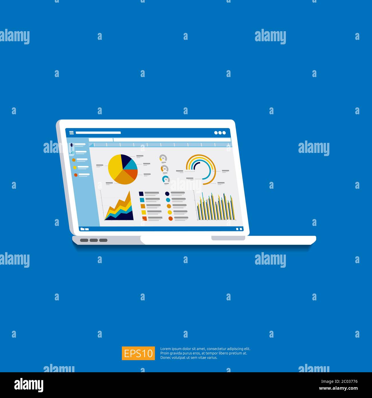 Web statistics analytic charts on laptop screen icon. Flat vector ...