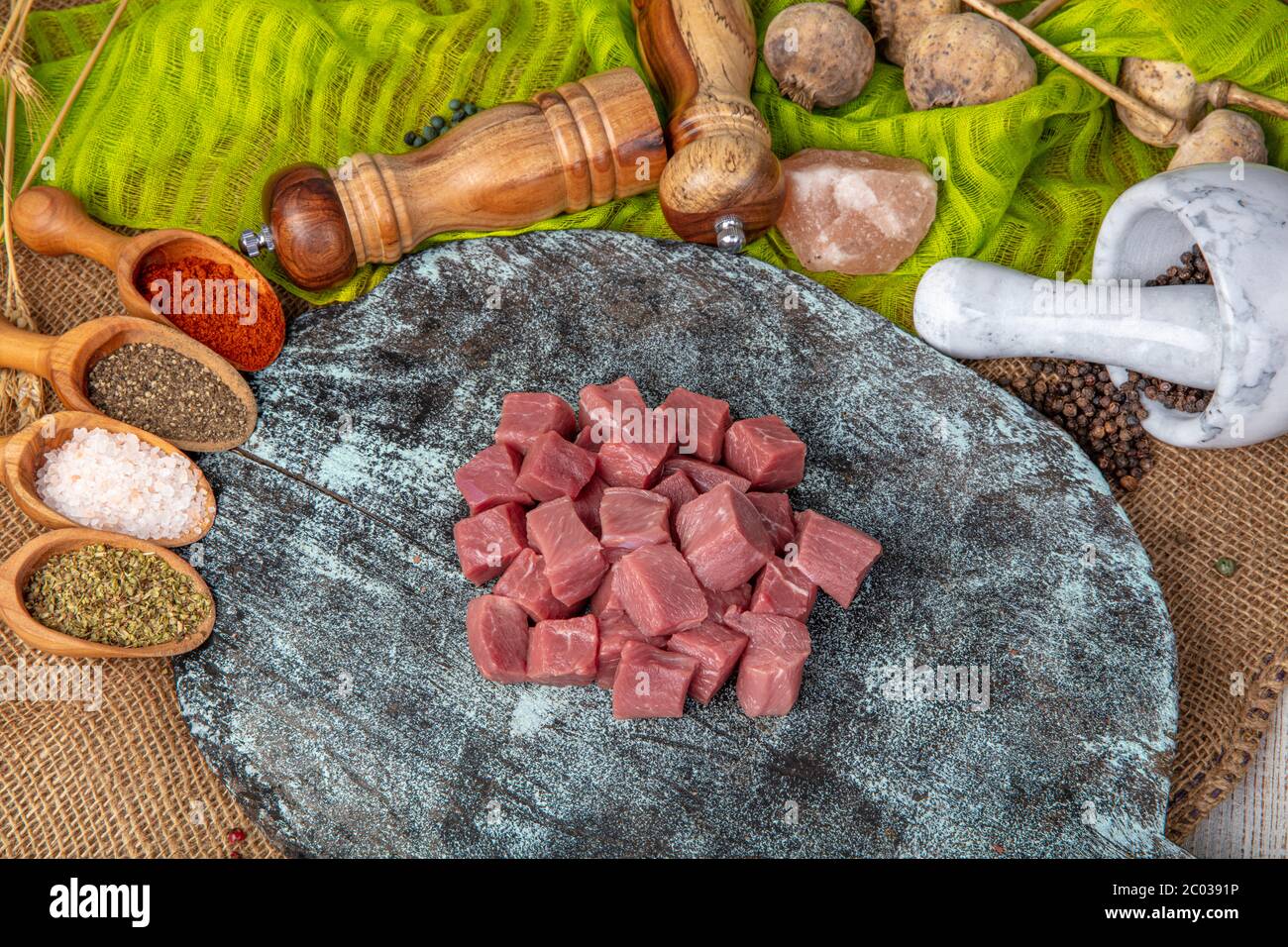 Diced Beef On Wooden Background With Space Raw Lean Diced Casserole Beef Steak Pile Of Cube