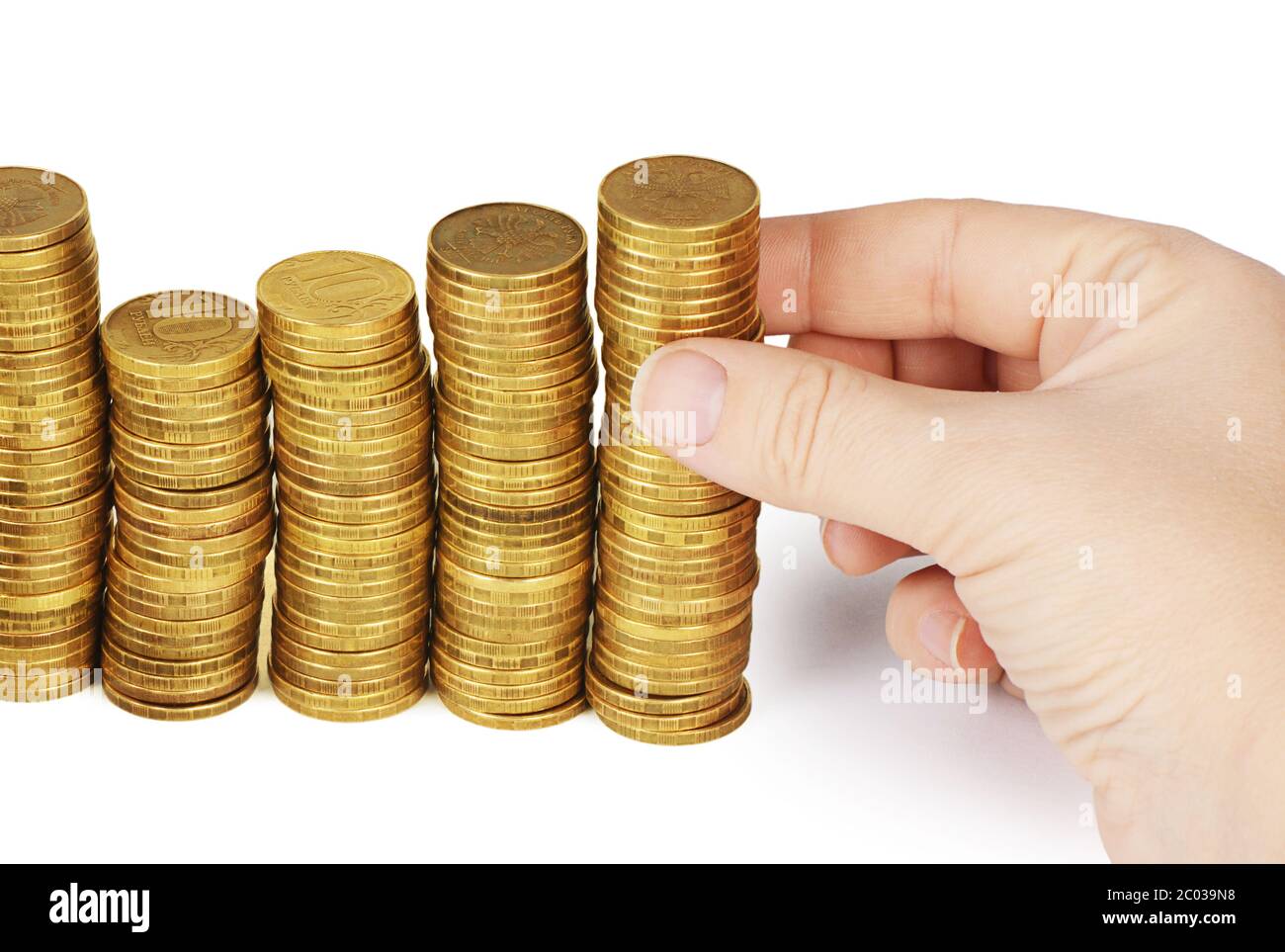 Money stack in hand isolated on white background Stock Photo - Alamy