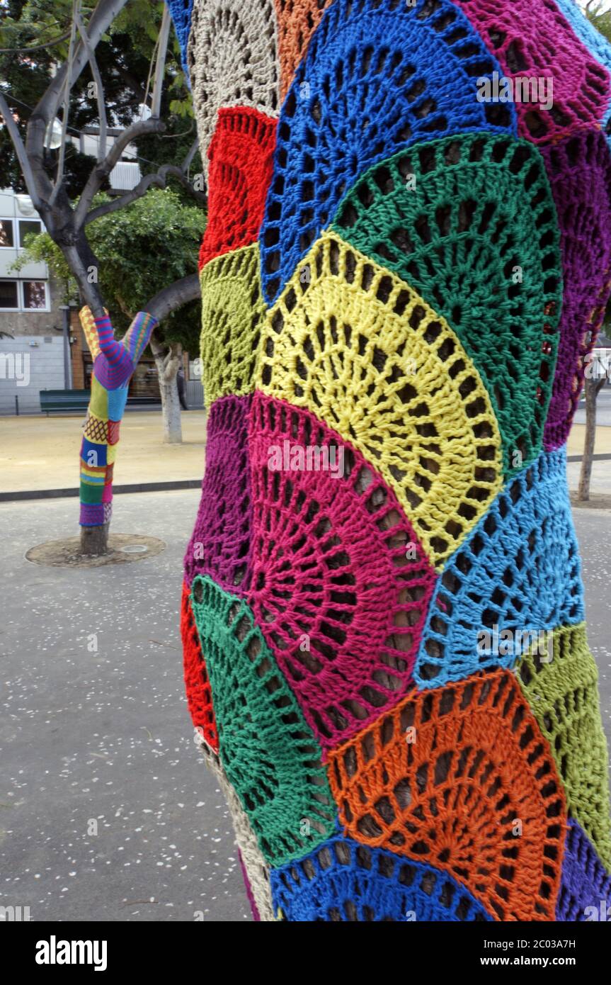 crocheted trees in the park Alameda del Duque de Santa Elena Stock ...