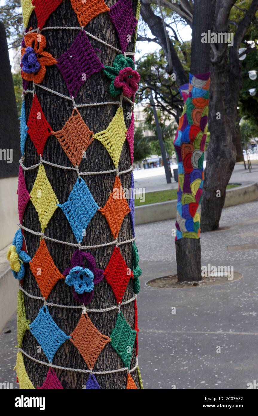 crocheted trees in the park Alameda del Duque de Santa Elena Stock ...
