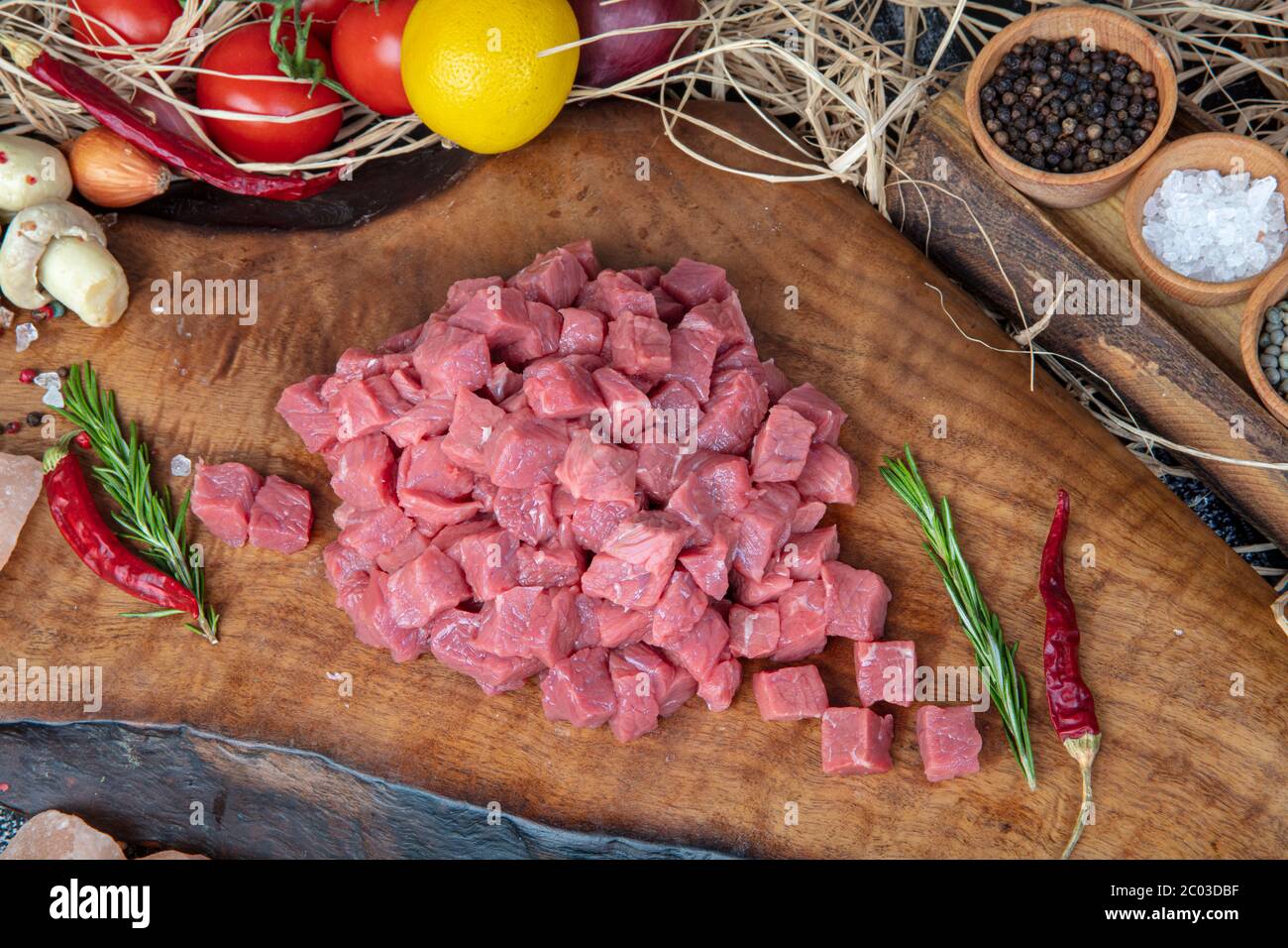 Raw chopped lamb fillet, diced tenderloin or cubed mutton sirloin meat ...