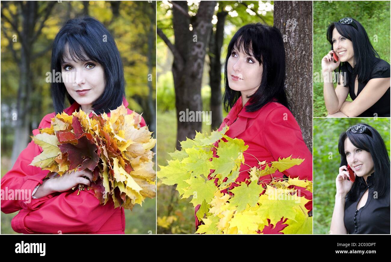 Collage with a girl with autumn leaves and a telep Stock Photo - Alamy