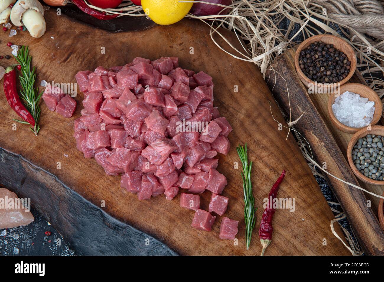 Raw chopped lamb fillet, diced tenderloin or cubed mutton sirloin meat ...