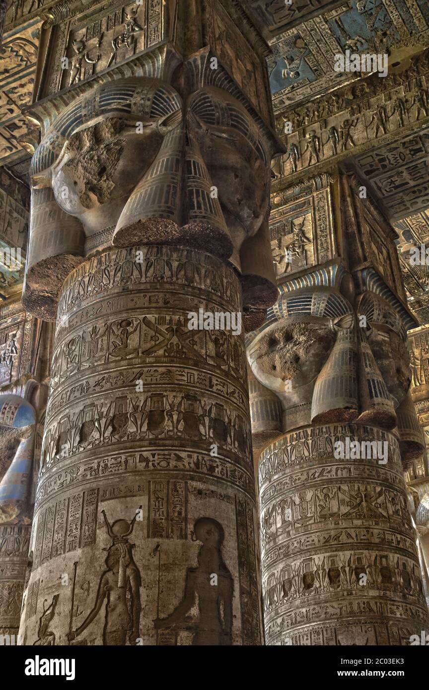 Interior of ancient egypt temple in Dendera Stock Photo - Alamy