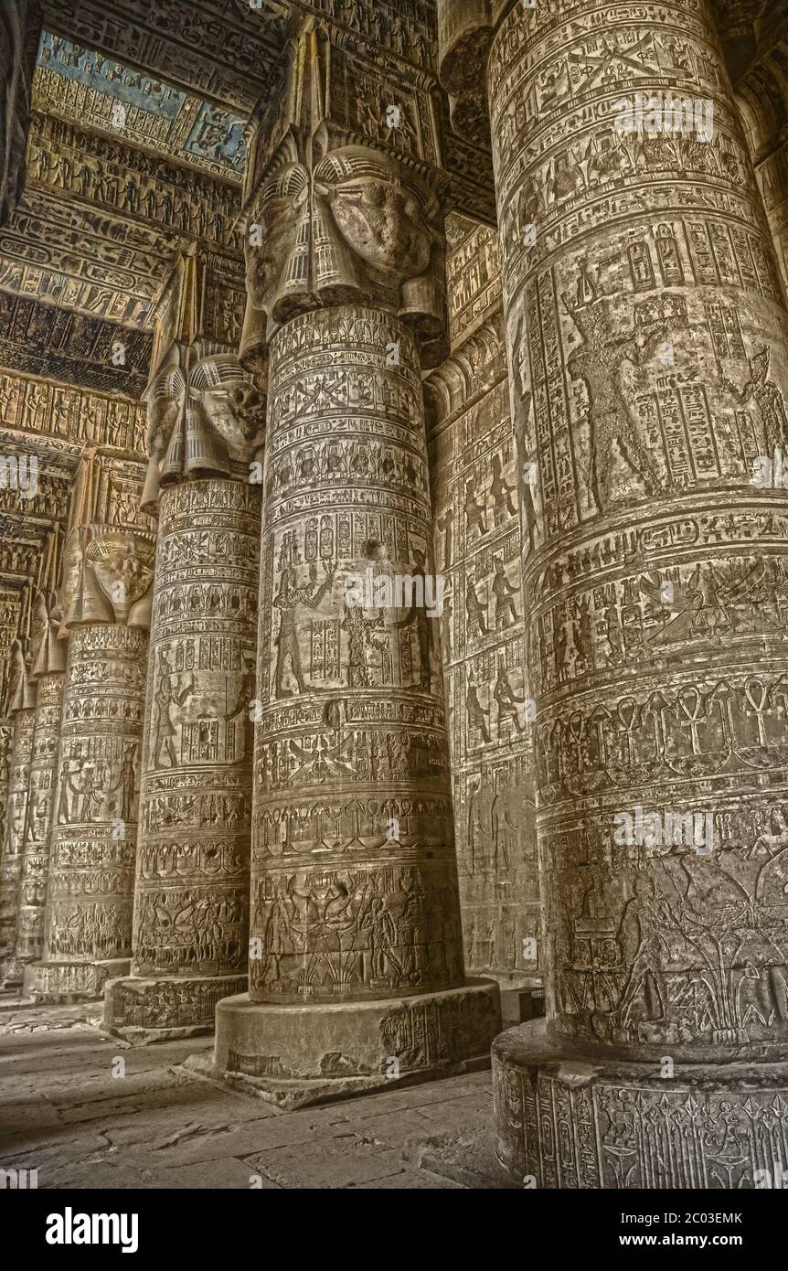 Interior of ancient egypt temple in Dendera Stock Photo - Alamy