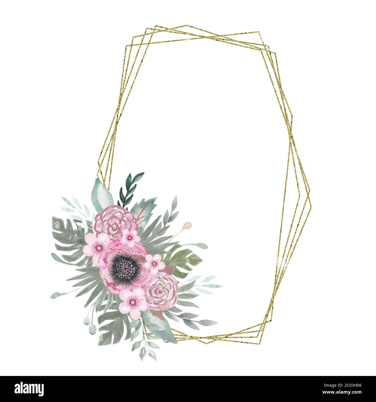 Geometric gold frame with a floral arrangement of flowers branches and ...