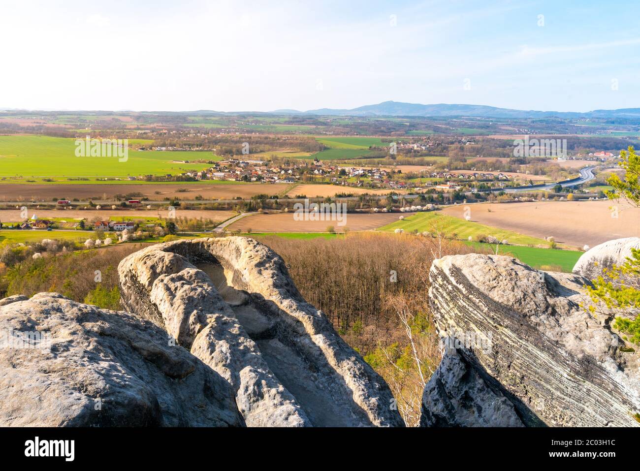 Viewpoint on the top of sandstone rock formation in Prihrazy Rocks ...