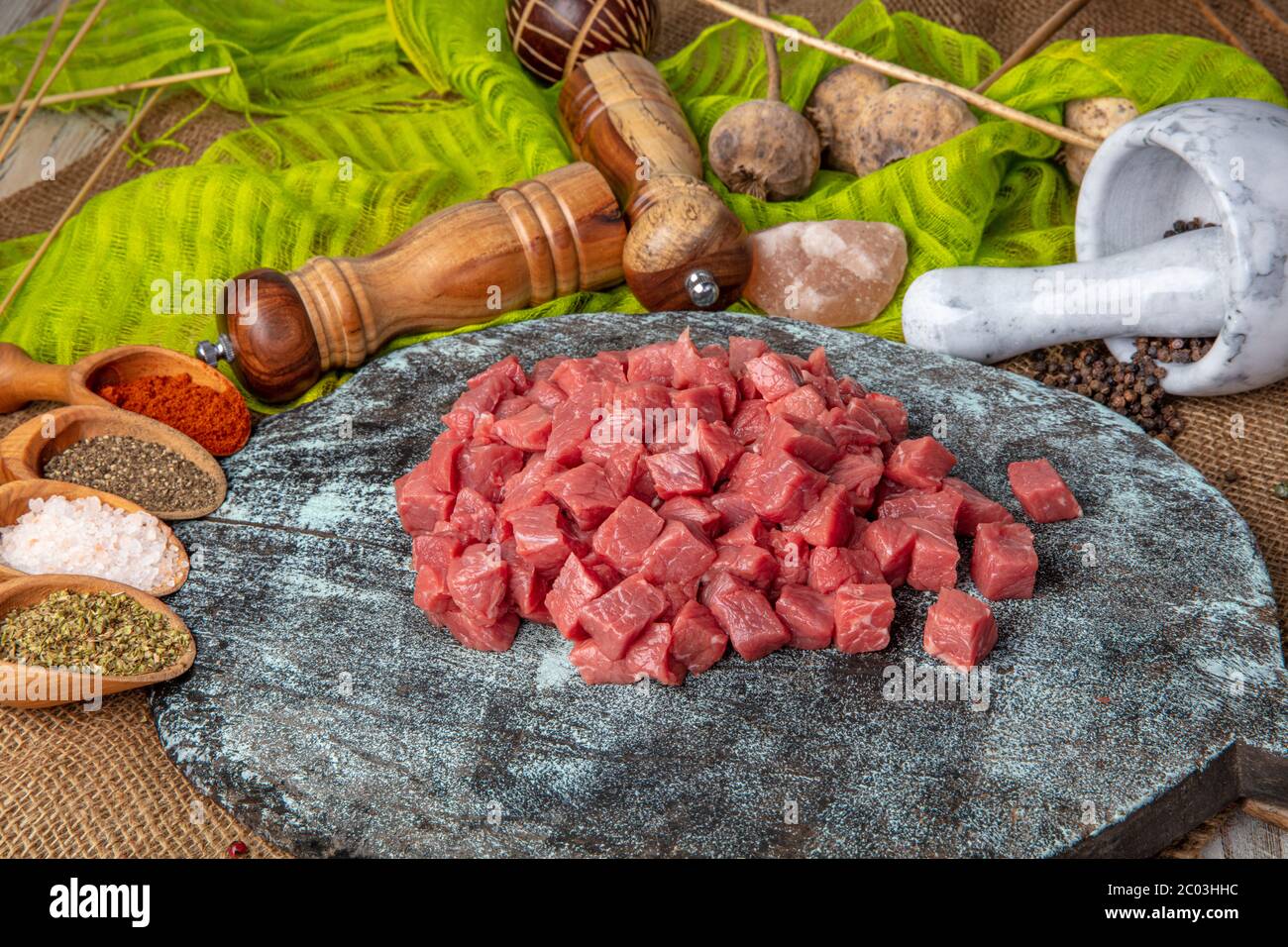 Raw chopped lamb fillet, diced tenderloin or cubed mutton sirloin meat ...
