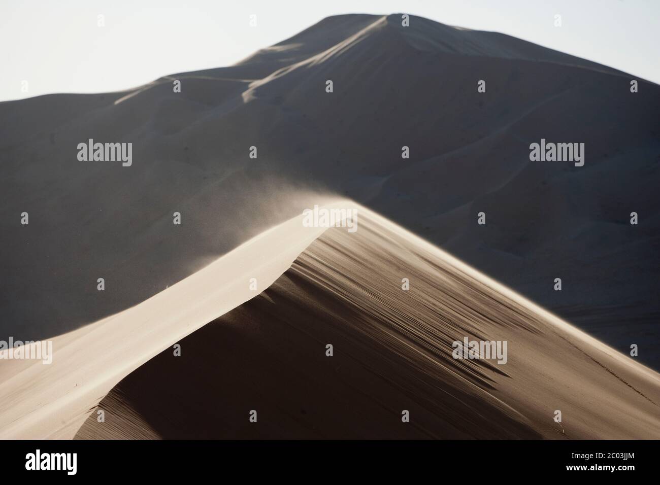 A strong wind lifts sand over the top of a large dune. Sand dunes in ...