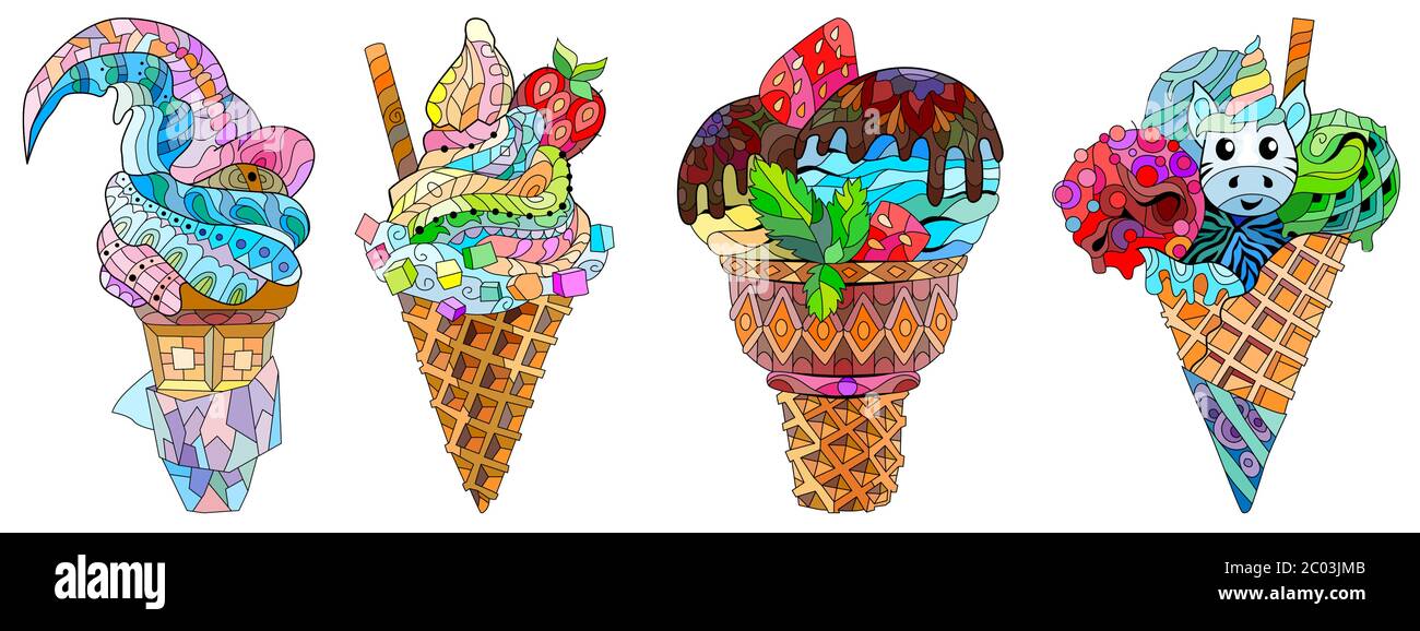 Set of hand drawn colorful zentangle ice cream illustration Stock ...
