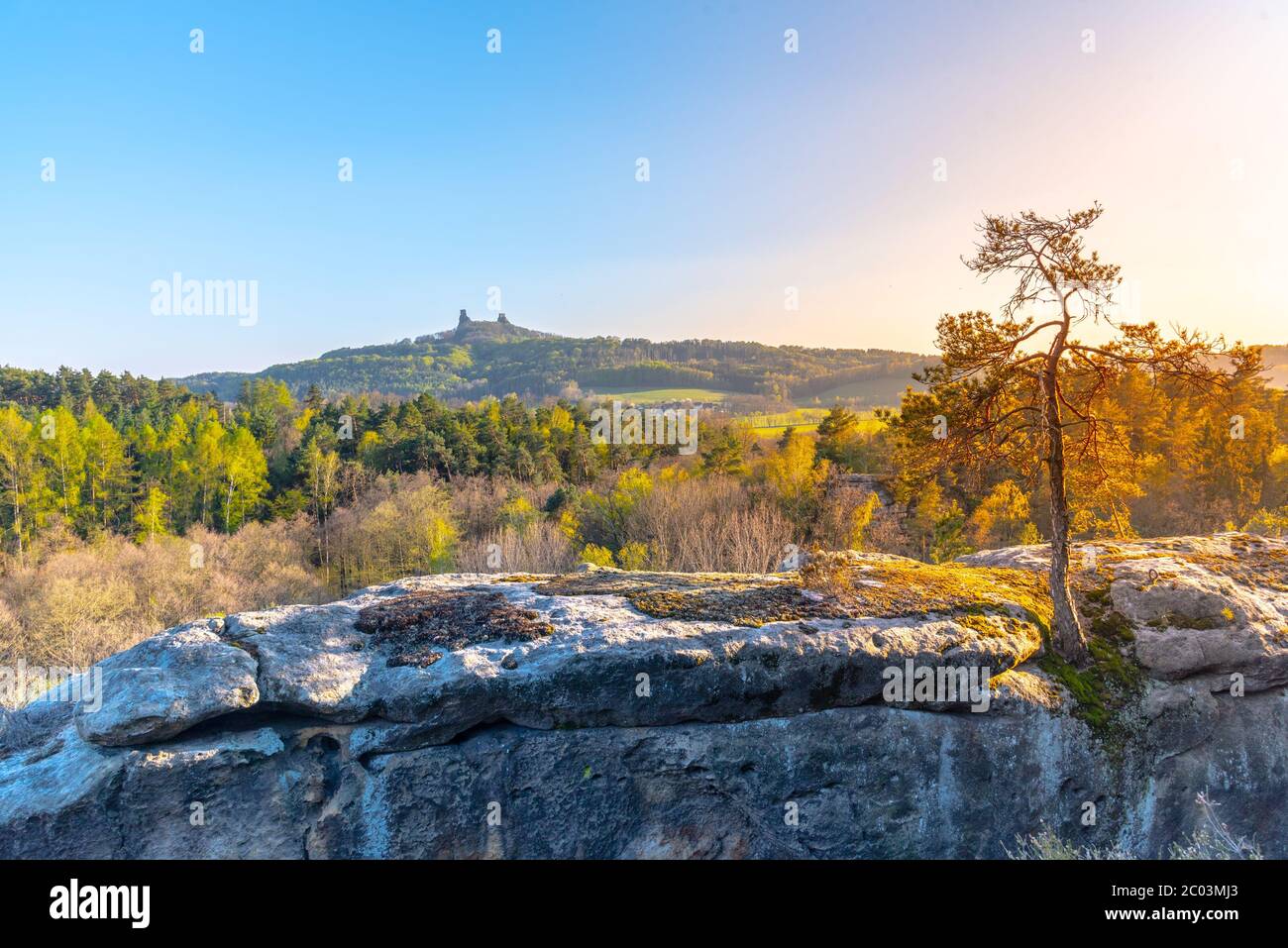 Trosky castle ruins. Two towers of old medieval castle on the hill ...