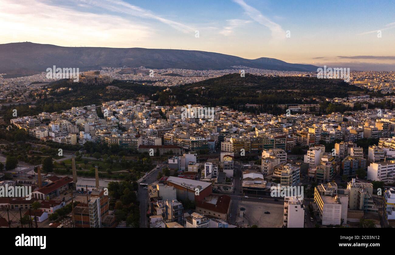 Panoramic View over Athens by Sunrise with old city downtown and ...