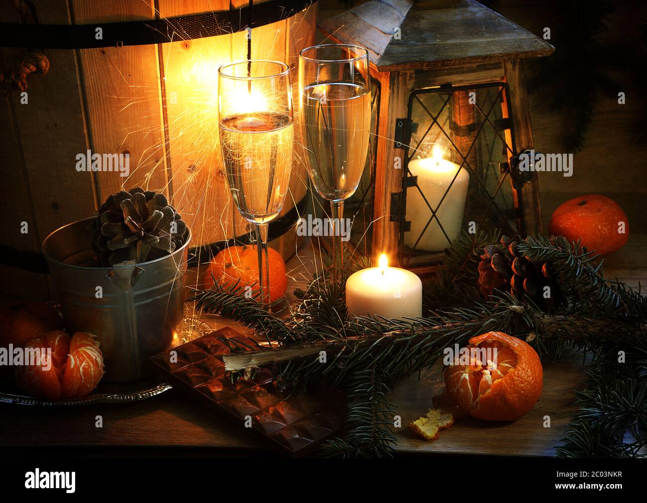 Champagne, chocolate, tangerines and fur-tree bran Stock Photo - Alamy