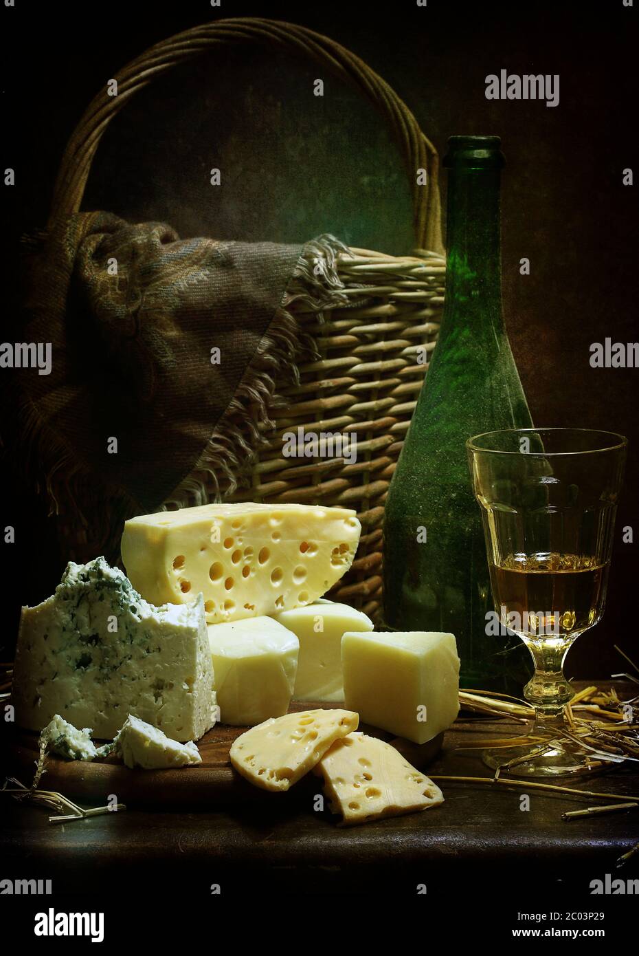 Still-life with wine and cheese of different grade Stock Photo - Alamy