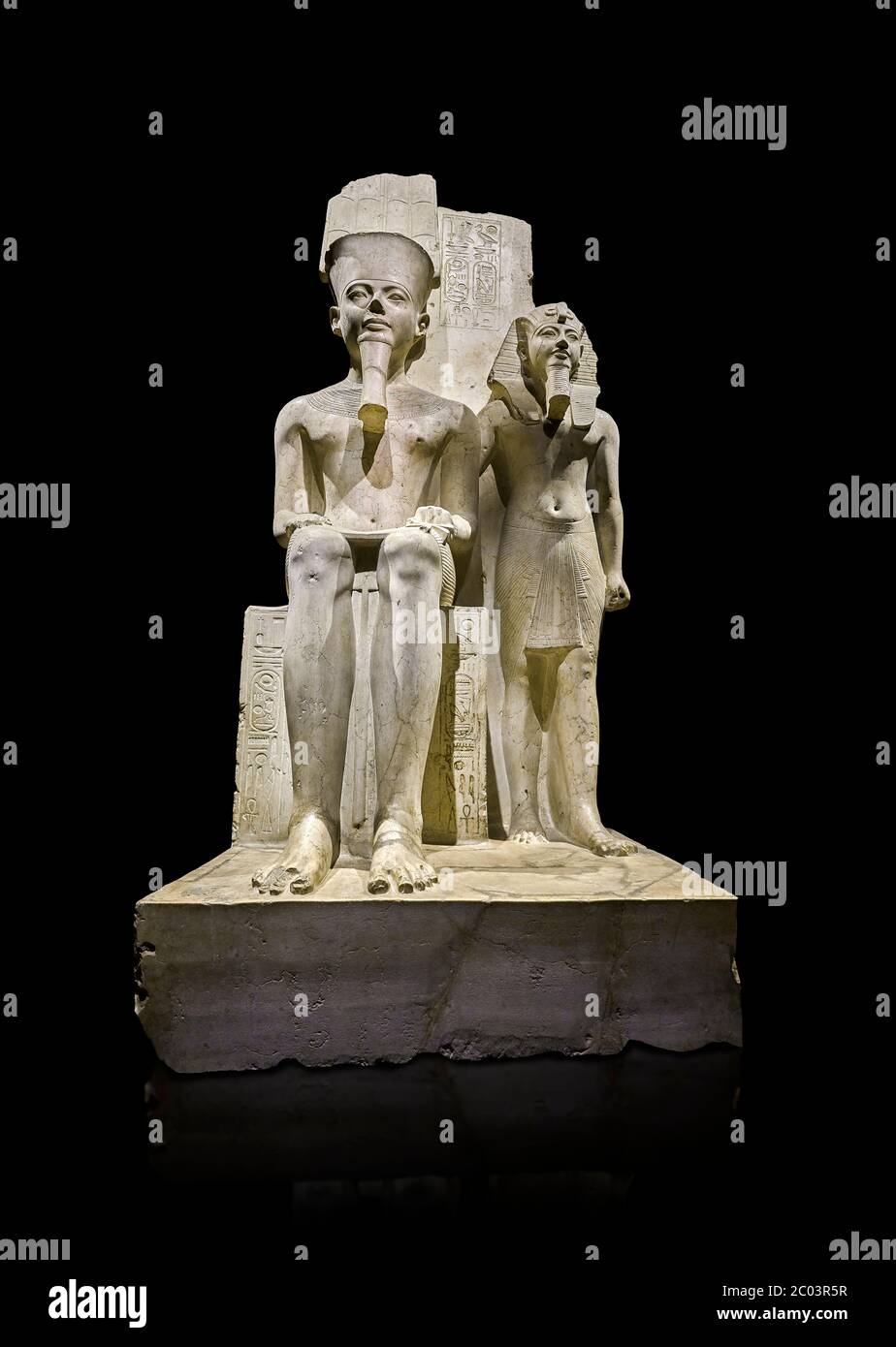 Ancient Egyptian statue of pharaoh Horemheb with god Amun, limestone ...