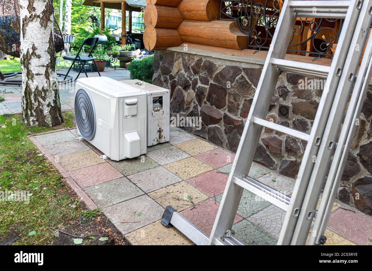 New modern HVAC air conditioning external compressor unit preapred for ...