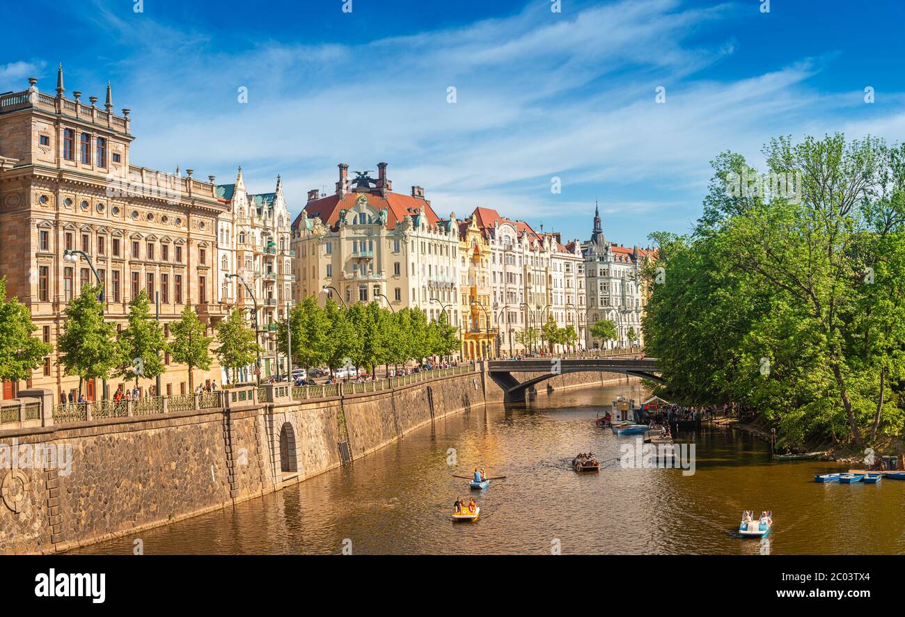 Panoramic bird view of Old Town in Prague during early sunset, Czech Republic, summer, details ...