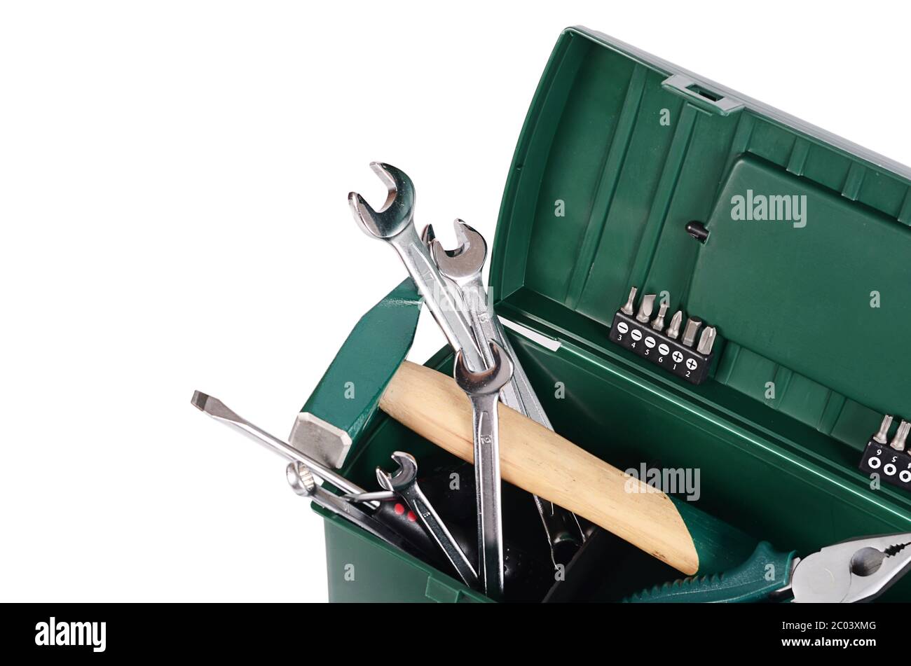 Box with construction tools isolated Stock Photo - Alamy