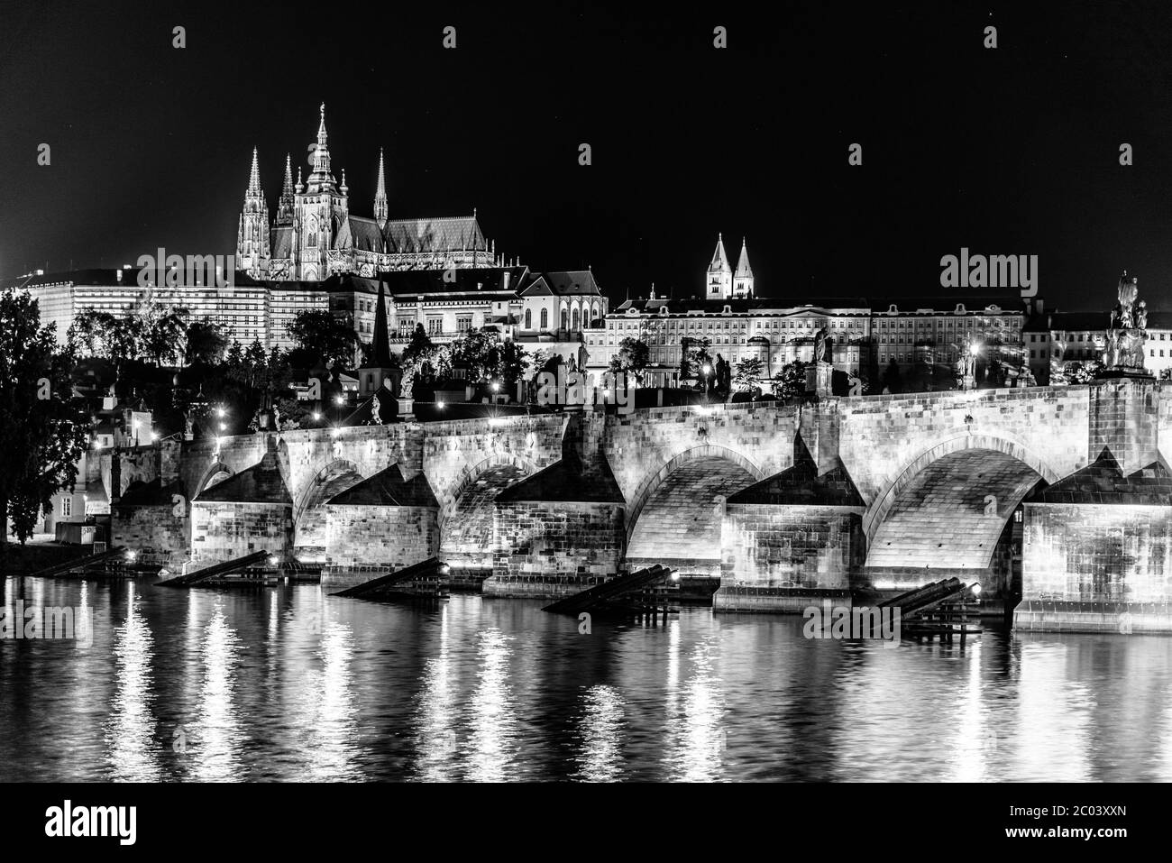 Prague night panorama. Prague Castle and Charles Bridge above Vltava ...