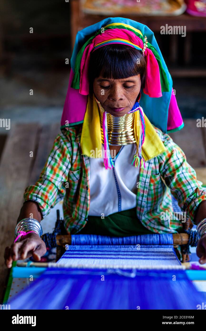 A Woman From The Kayan (Long Neck) Ethnic Group Weaving Fabric, Lake ...