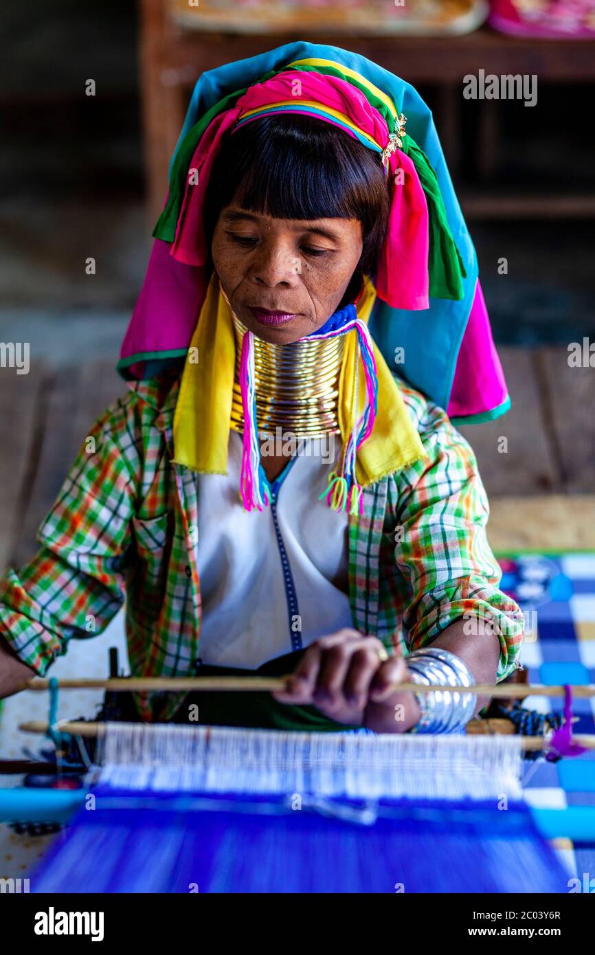 A Woman From The Kayan (Long Neck) Ethnic Group Weaving Fabric, Lake ...