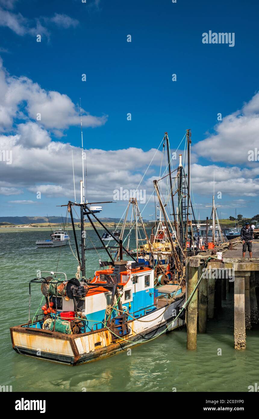 Fishing boats at Raglan Wharf in Raglan, Waikato Region, North Island ...
