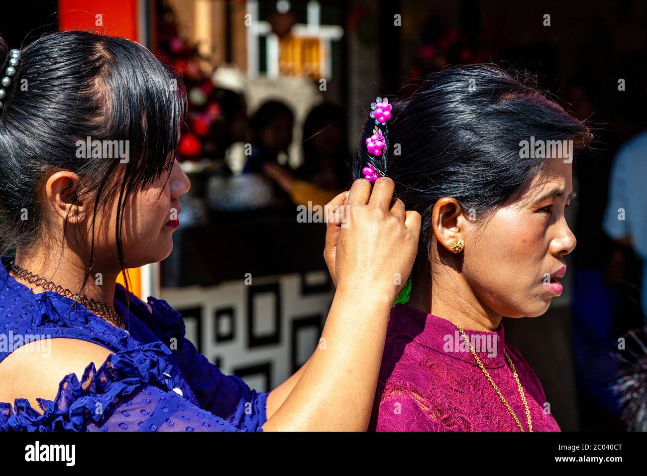 Burmese Women Outside A Cafe In Nyaung Shwe, Lake Inle, Shan State ...