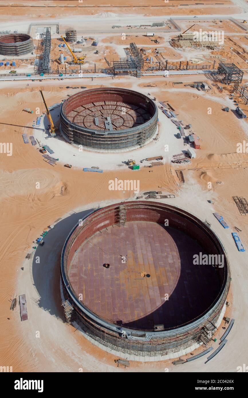 Oil tanks under construction seen from the air at a new oil facility in ...