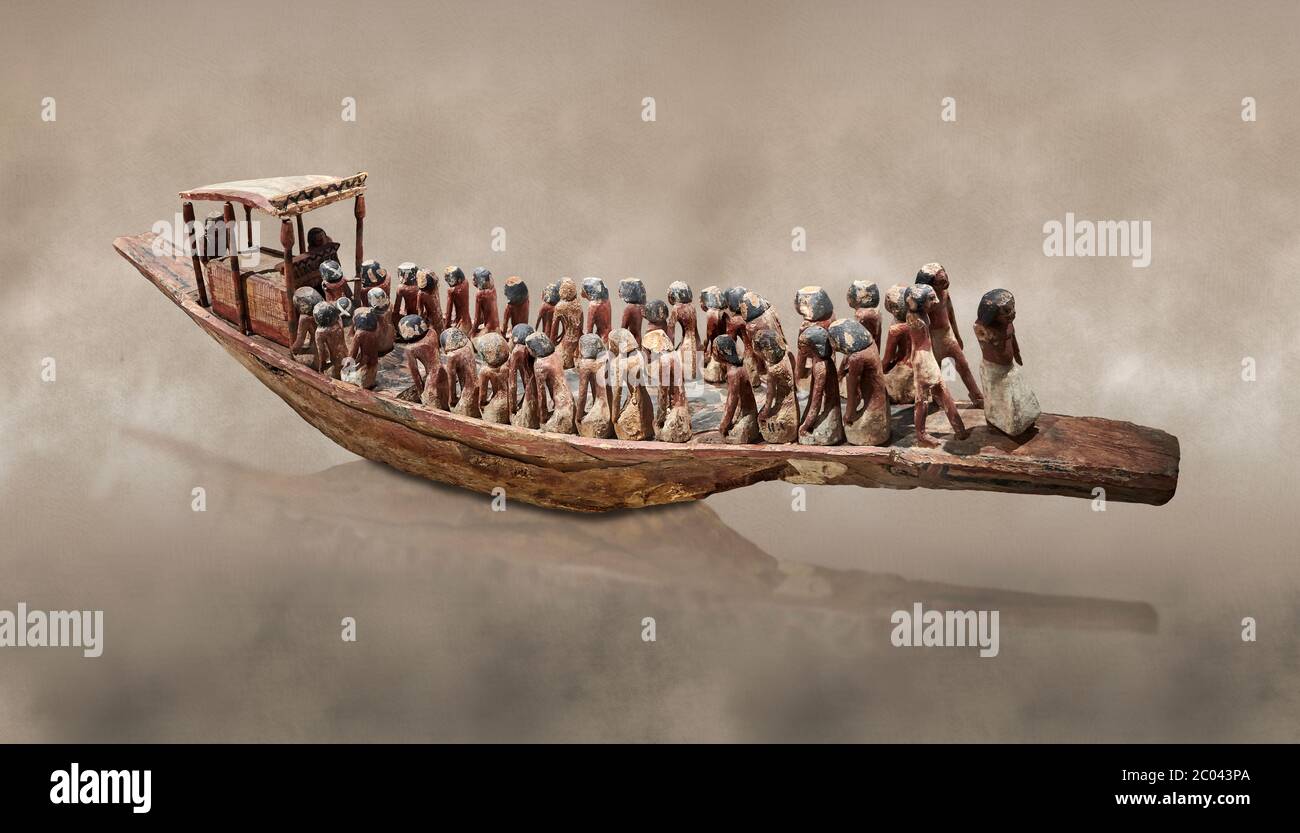 Ancient Egyptian model of a funerary boat with oarsman and a sarcopagus ...