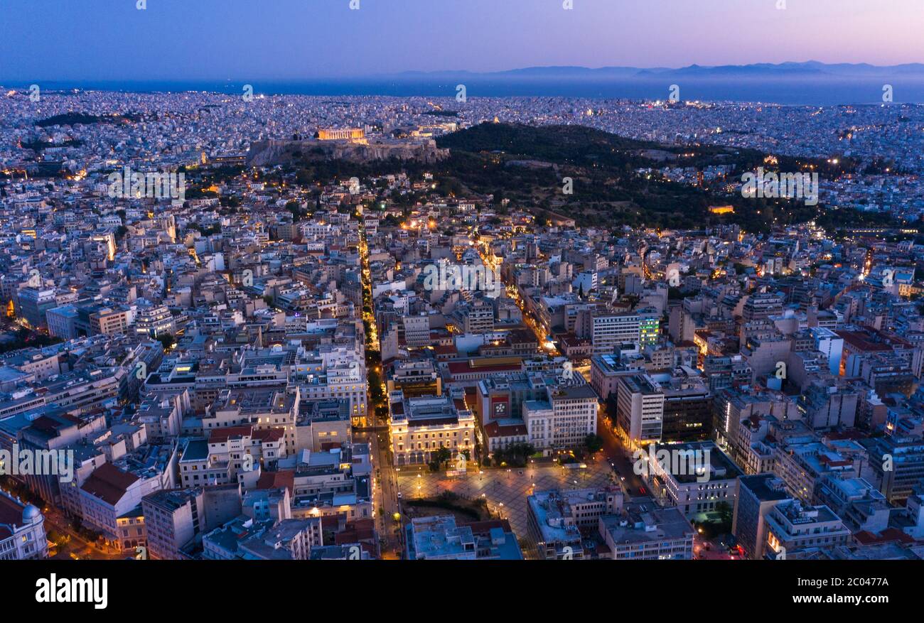 Panoramic View over Athens by Sunrise with old city downtown and long ...