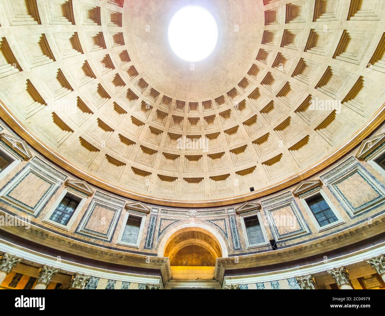 ROME, ITALY - MAY 05, 2019: Monumental ceiling of Pantheon - church and ...